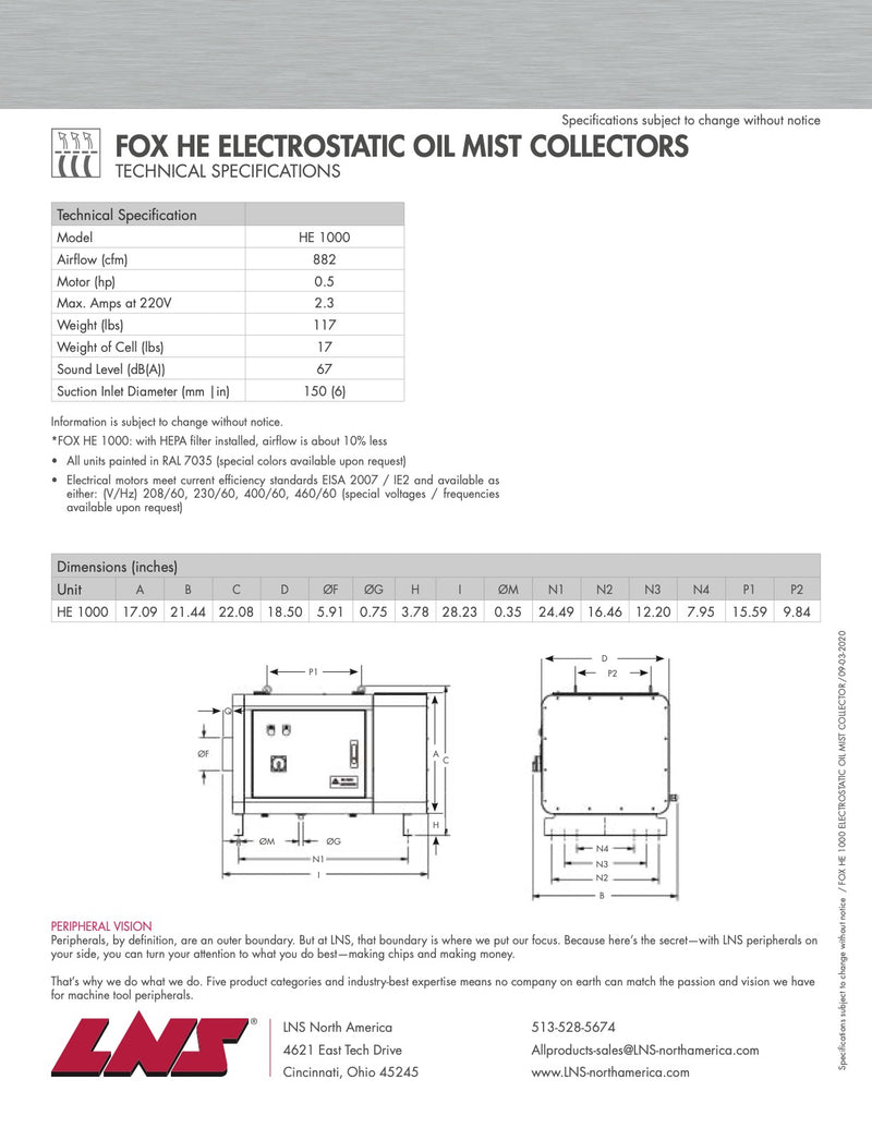 LNS FOX HE 1000 Electrostatic Oil Mist Collector