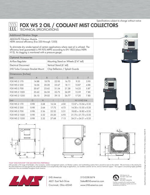 LNS FOX WS2 Oil & Coolant Mist Collector
